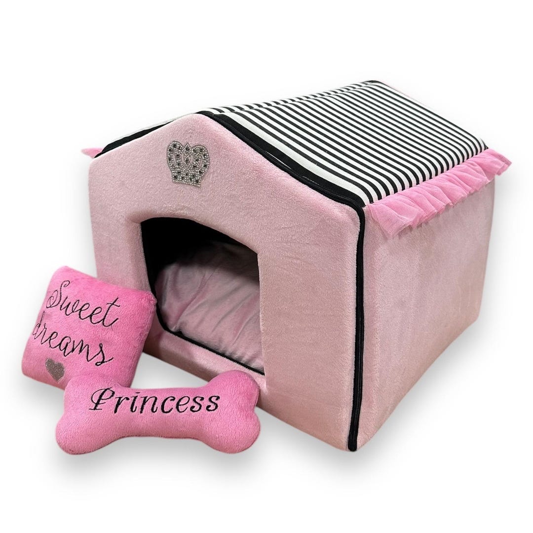 Luxury Pink Princess Dog House: Foldable Puppy Tent With Striped Roof ...