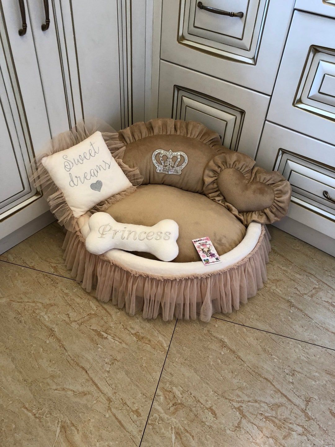 Beige and Cream Princess Dog Bed With Crown Sparkles Tan Bed - Etsy