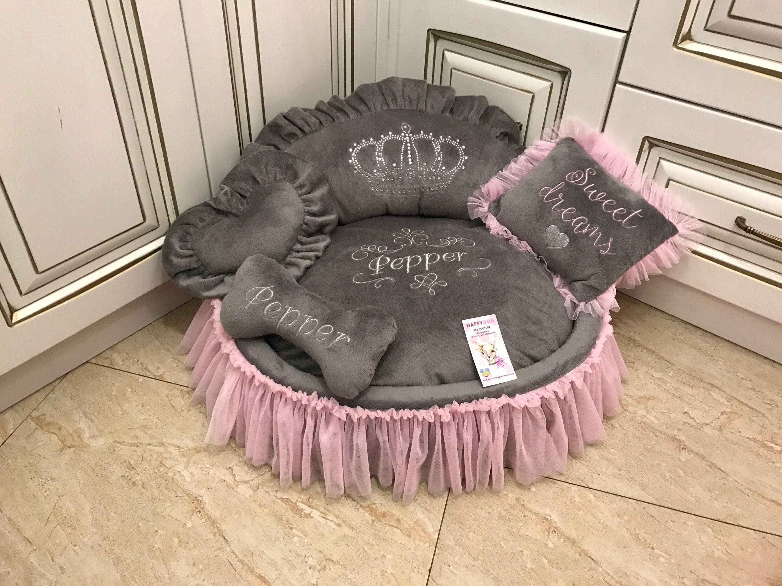 Gray princess pet bed with crown sparkles and bright pink | Etsy