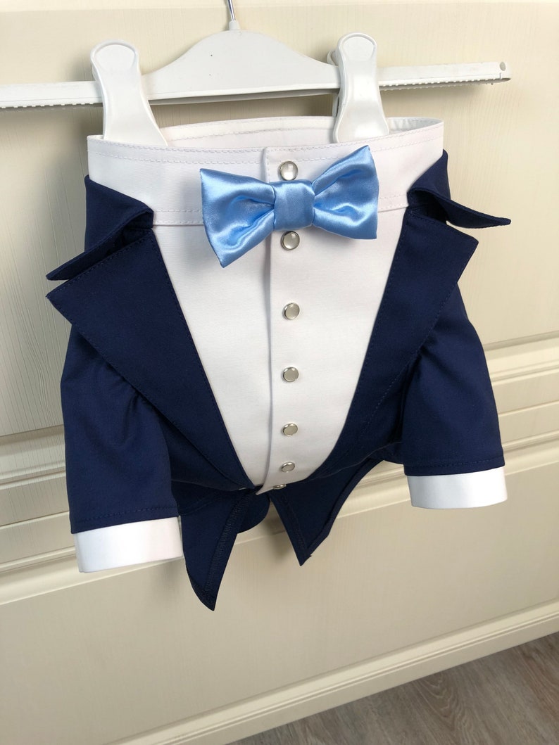 Navy blue dog tuxedo with light blue bow tie Bespoke dog | Etsy
