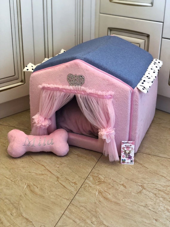 Baby Pink and Blue Denim Designer Dog House Personalized Dog - Etsy