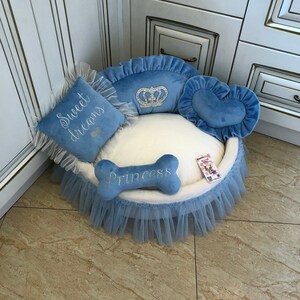 Cream and Blue Princess Bed With Crown Sparkles Designer Pet Bed Cat ...