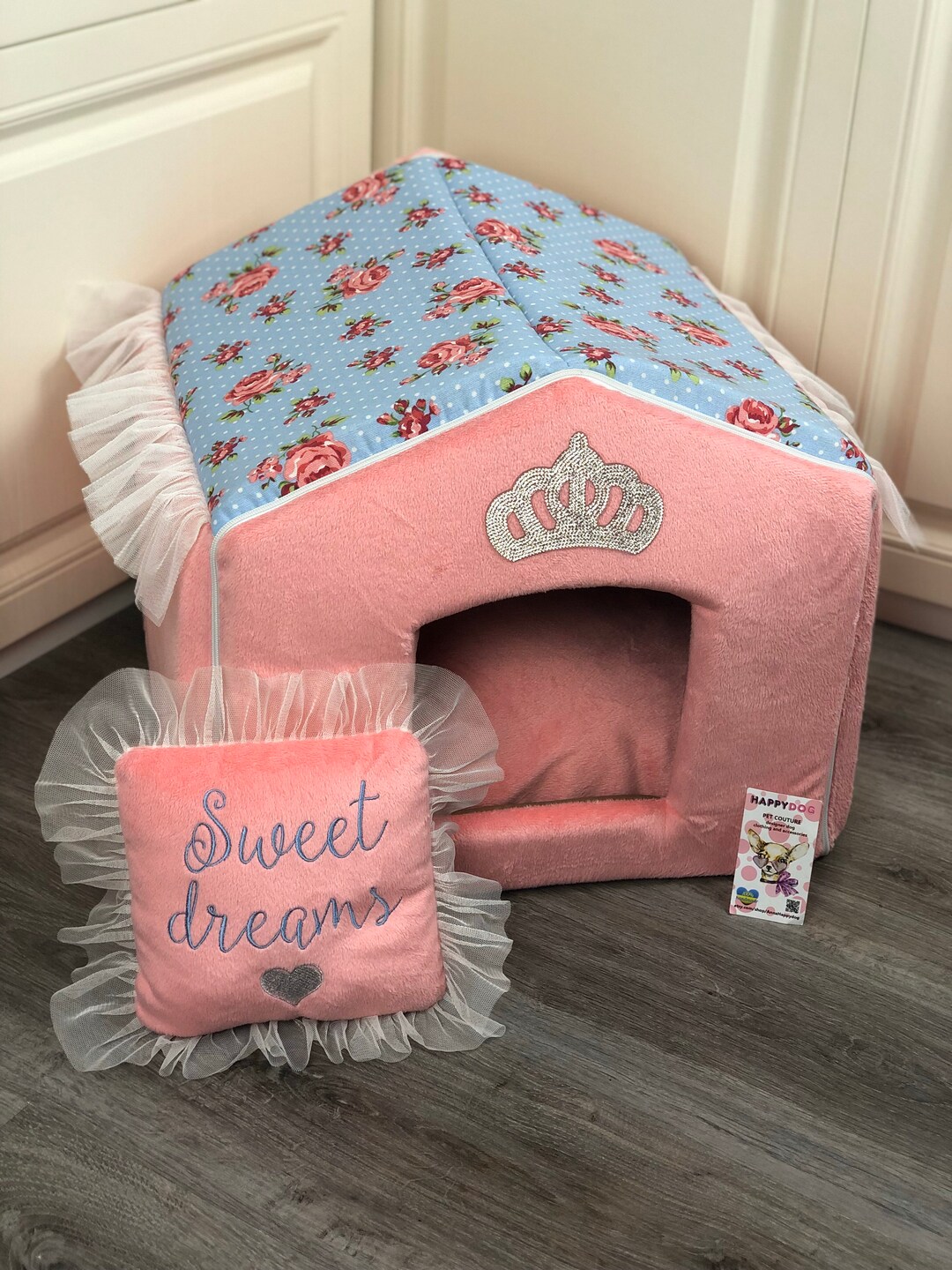 Pink Flamingo and Blue Dog House With Crown – Luxury Soft Pet Bed With ...