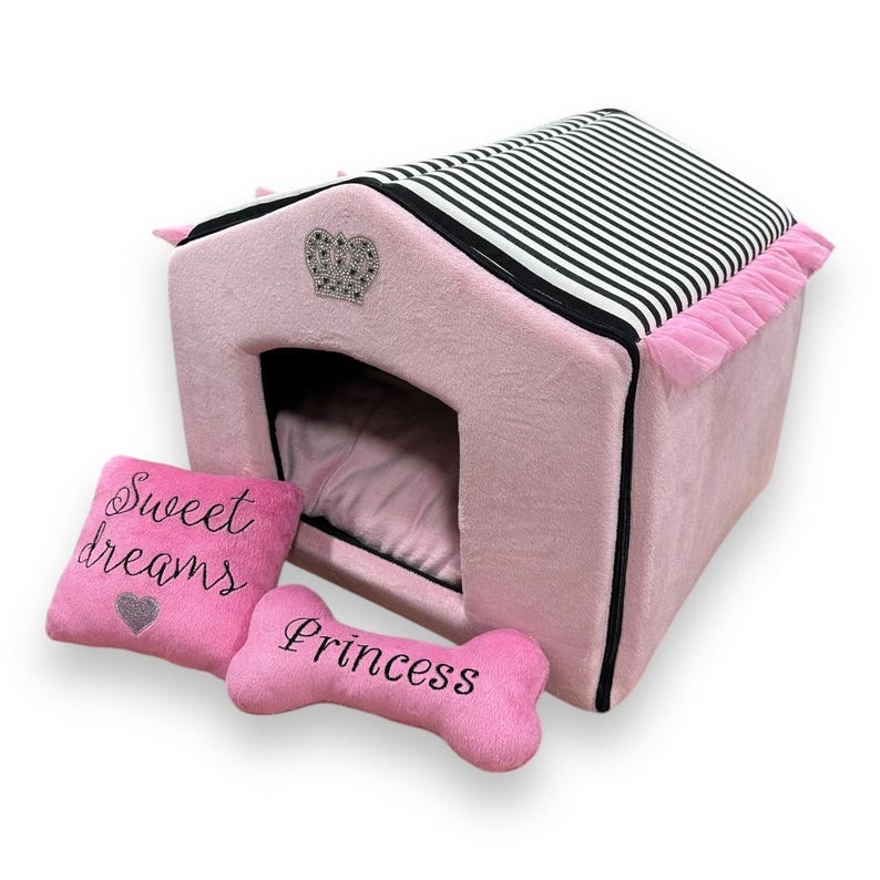 Luxury Pink Princess Dog House: Foldable Puppy Tent With Striped Roof ...