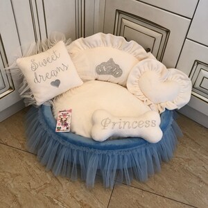 Cream and Blue Princess Bed With Crown Sparkles Designer Pet Bed Cat ...