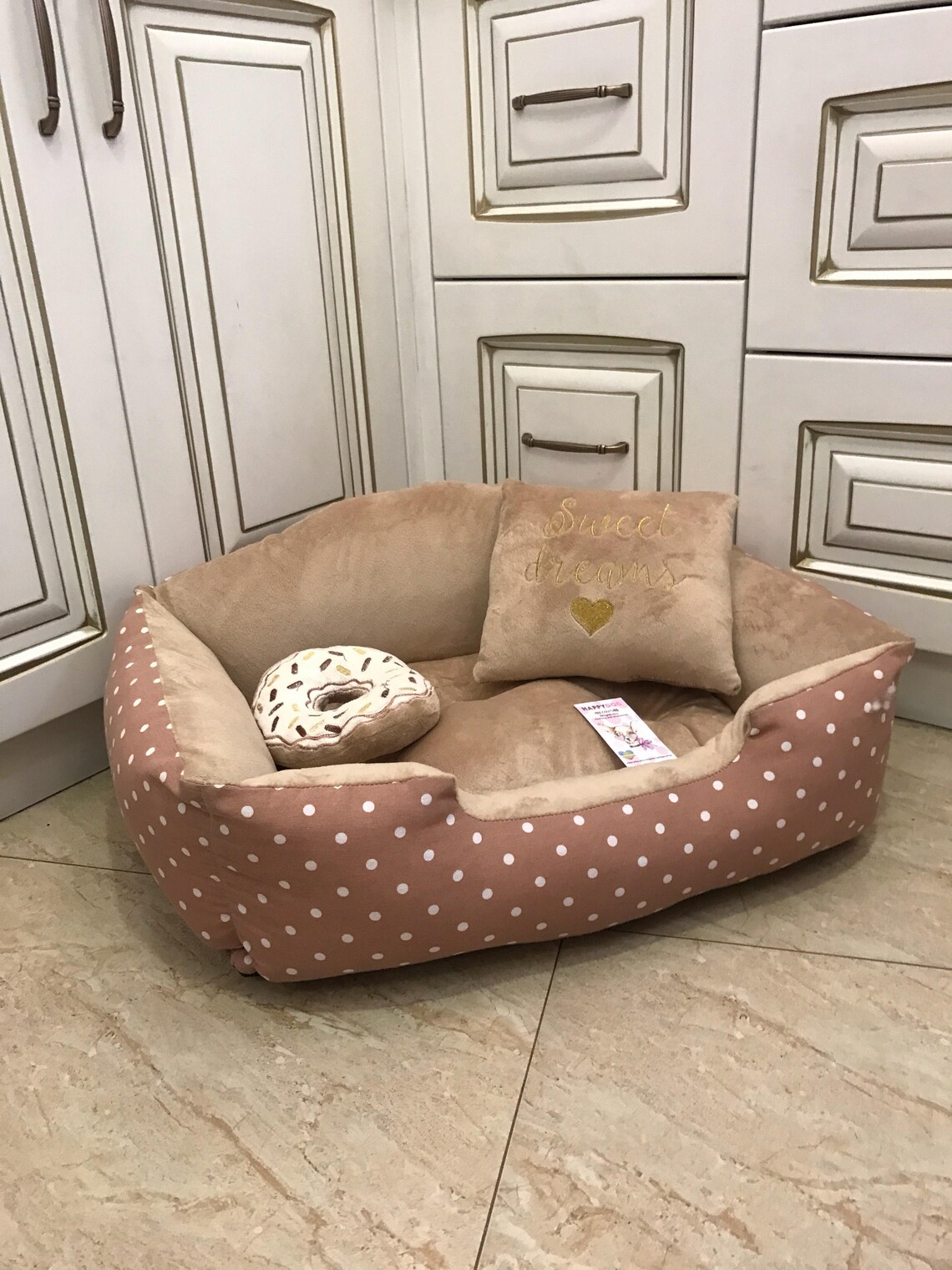 Beige Polka Dot Designer Dog Bed Personalized Dog Bed in Beige | Etsy