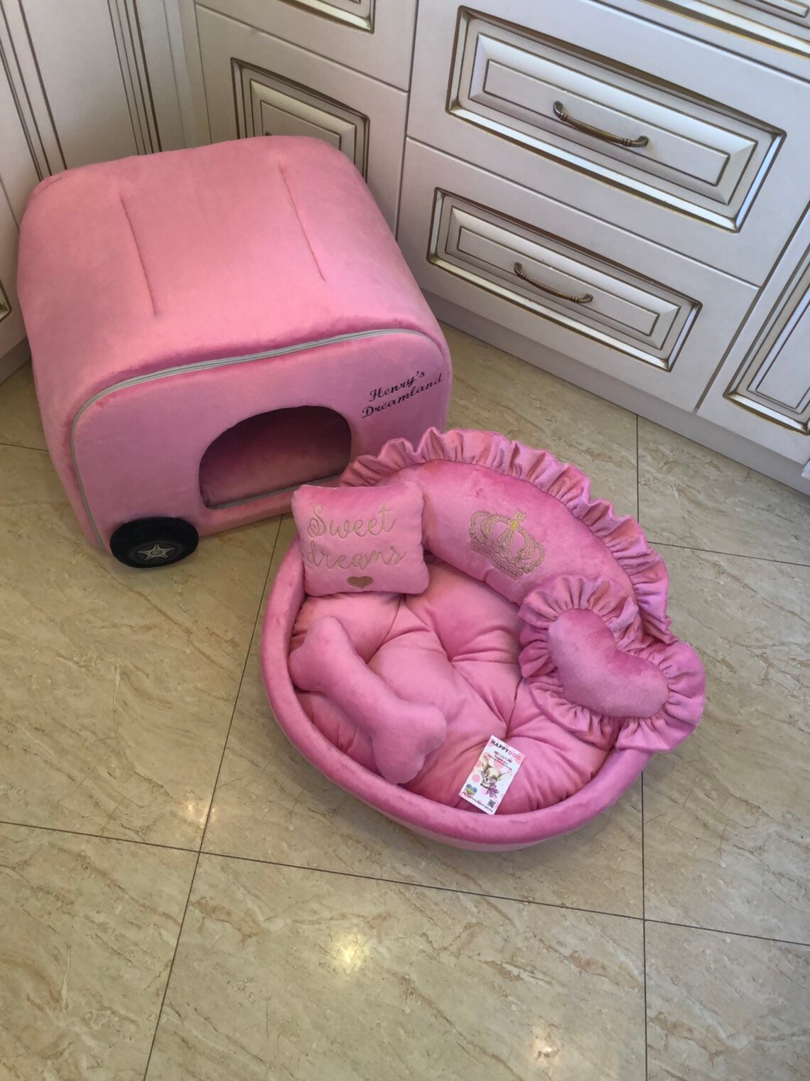 Pink dog caravan with wheels Customized luxury dog car bed | Etsy