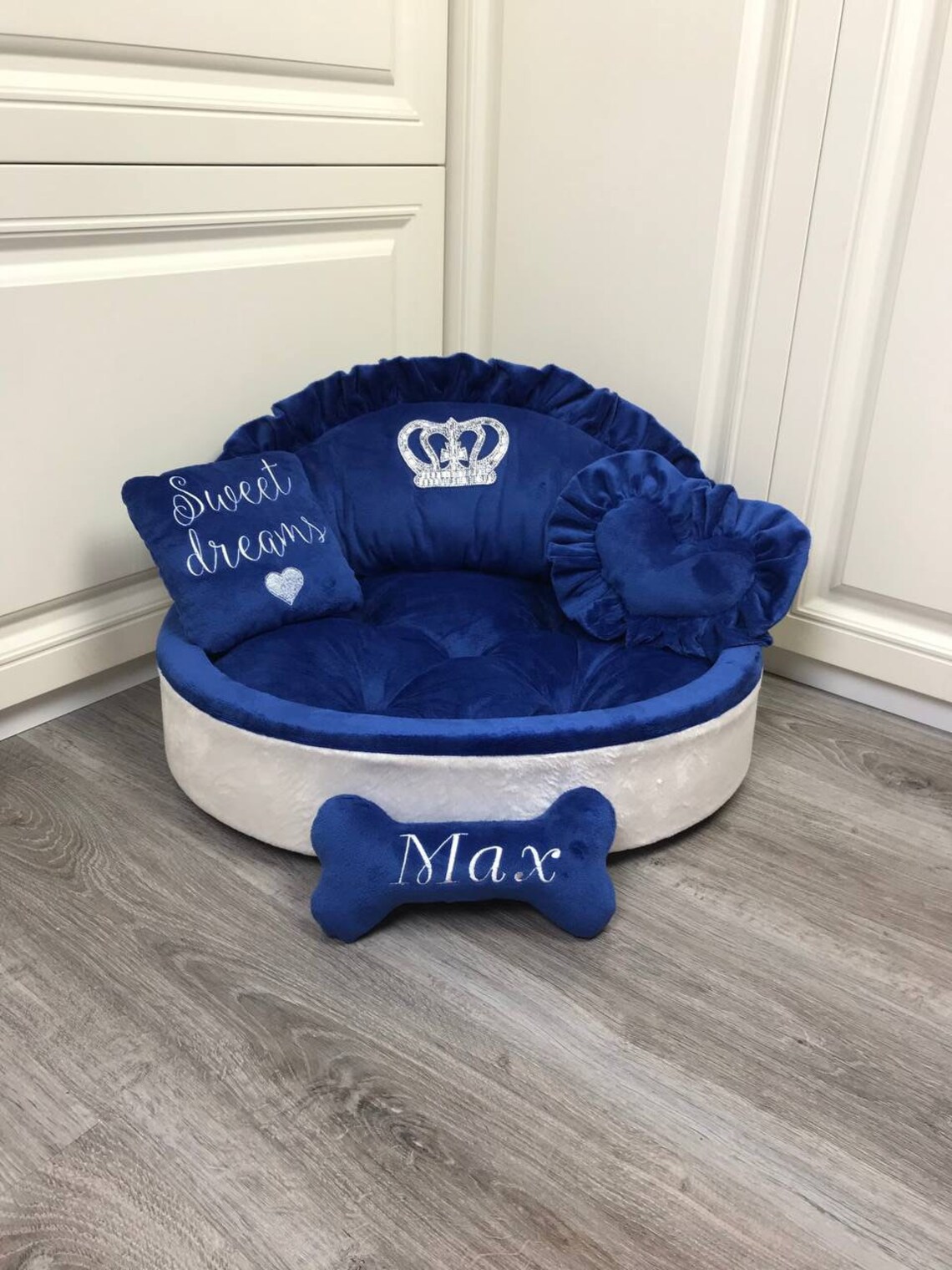 Navy blue and cream luxury dog bed with crown sparkles | Etsy
