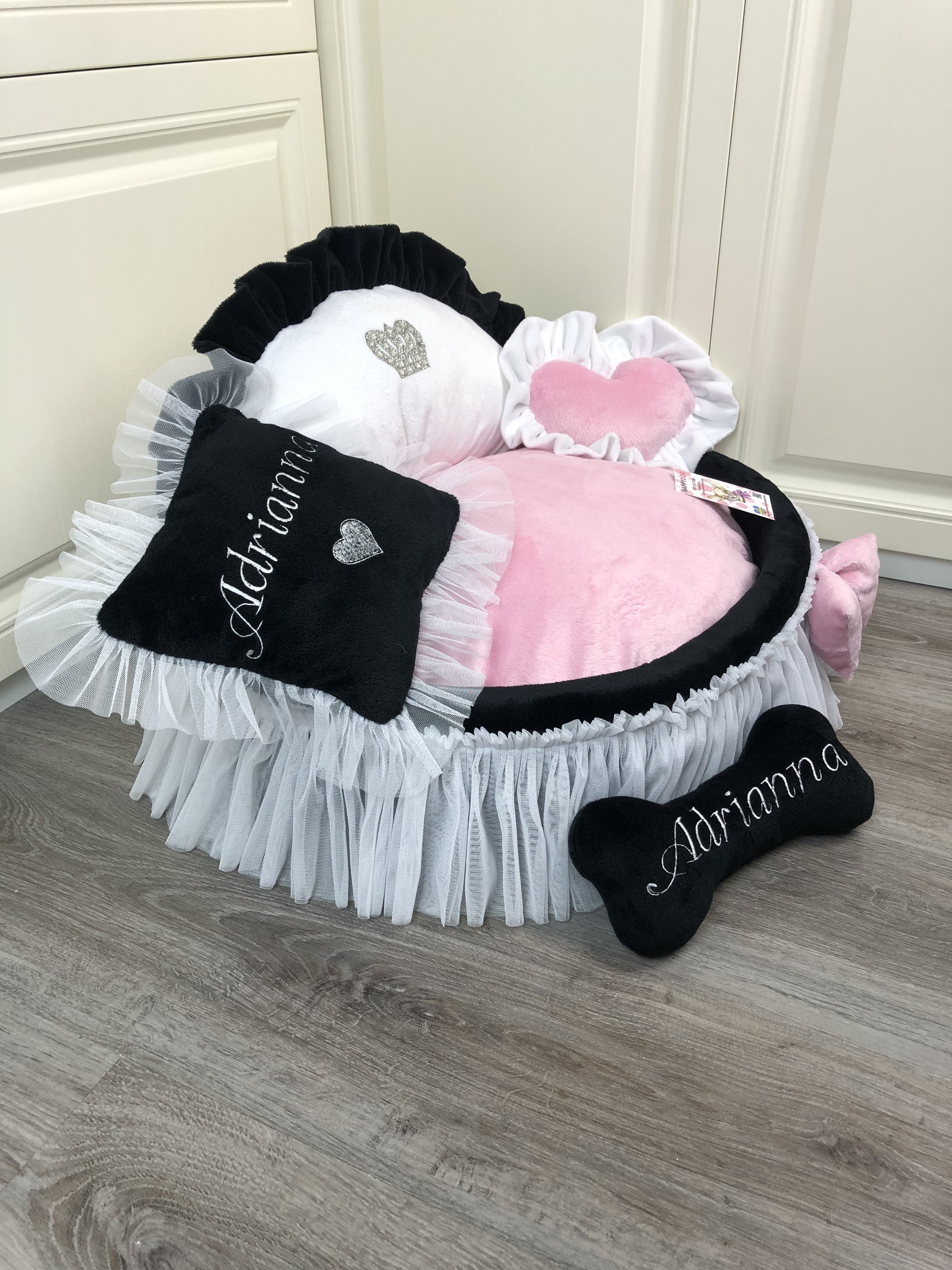 White and black princess dog bed with crown sparkles and tulle | Etsy