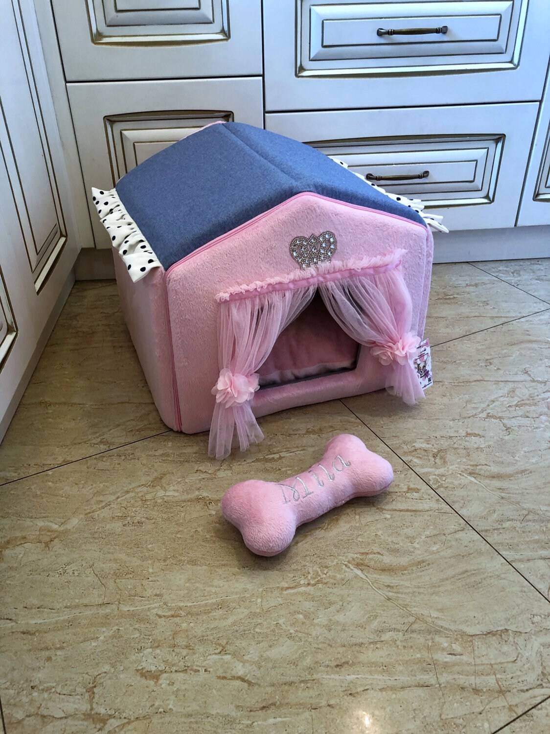 Baby pink and blue denim designer dog house Personalized dog | Etsy
