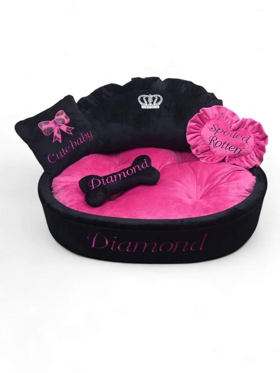 Black and Pink Princess Dog Bed With Crown Sparkles Designer Pet Bed ...