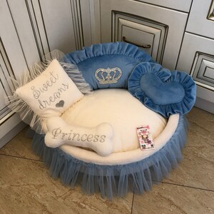 Cream and Blue Princess Bed With Crown Sparkles Designer Pet Bed Cat ...