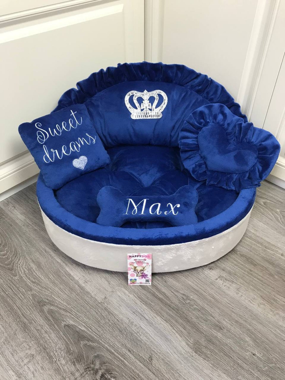 Navy blue and cream luxury dog bed with crown sparkles | Etsy