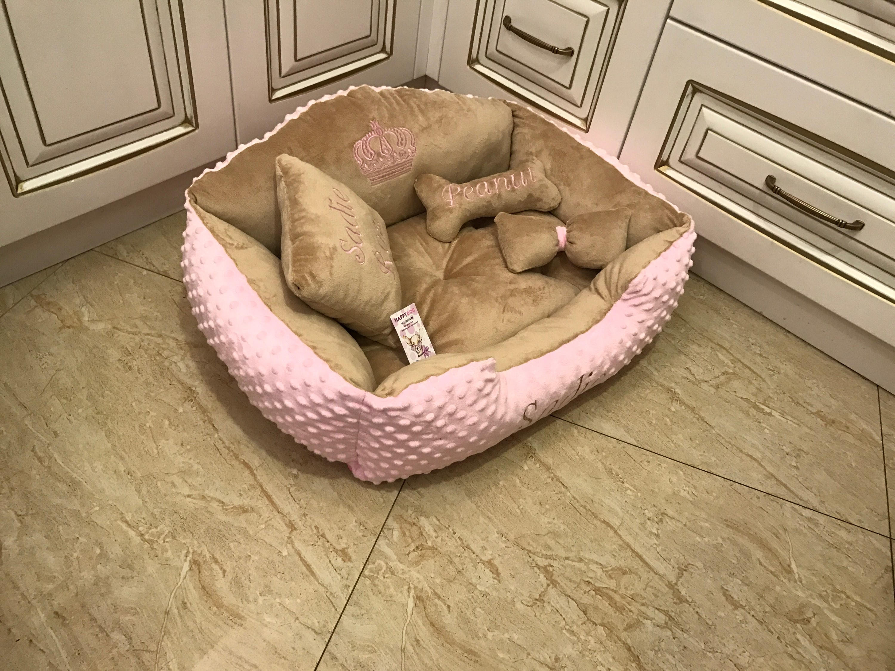 Pink and beige designer pet bed with personalised dog toy | Etsy