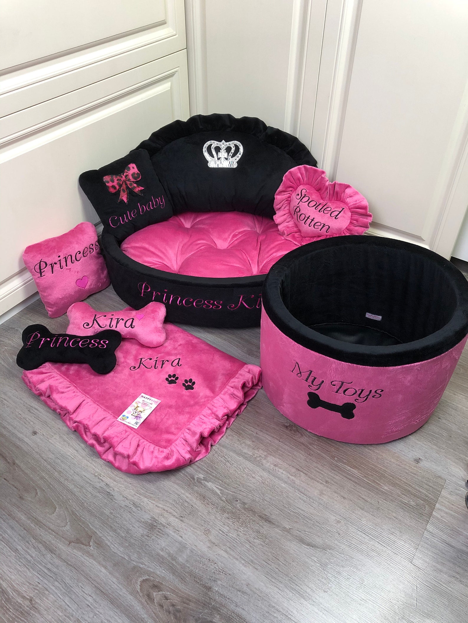 Black and hot pink princess dog bed with crown sparkles | Etsy