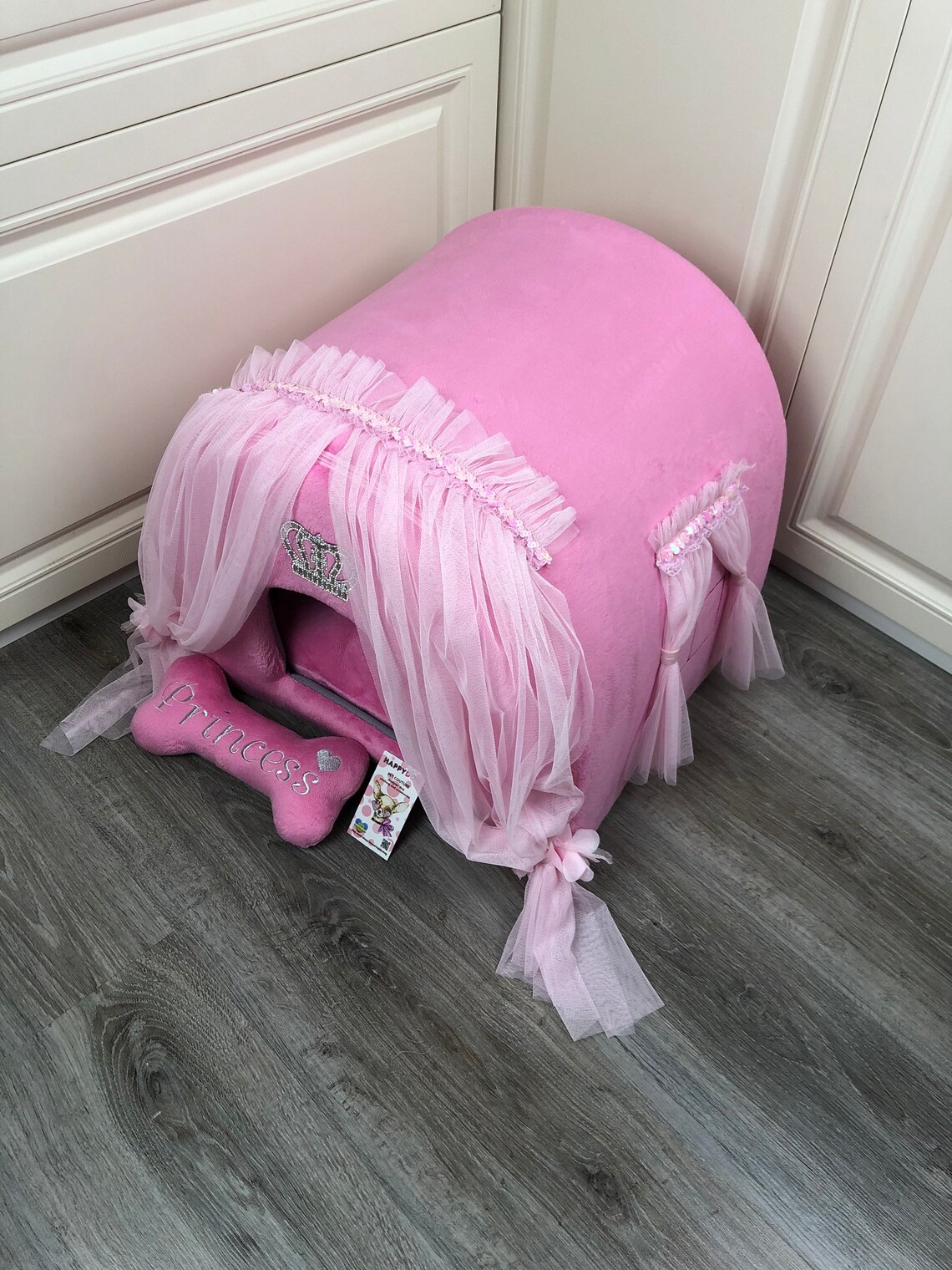 Customized pink designer dog house with curtains Designer dog | Etsy