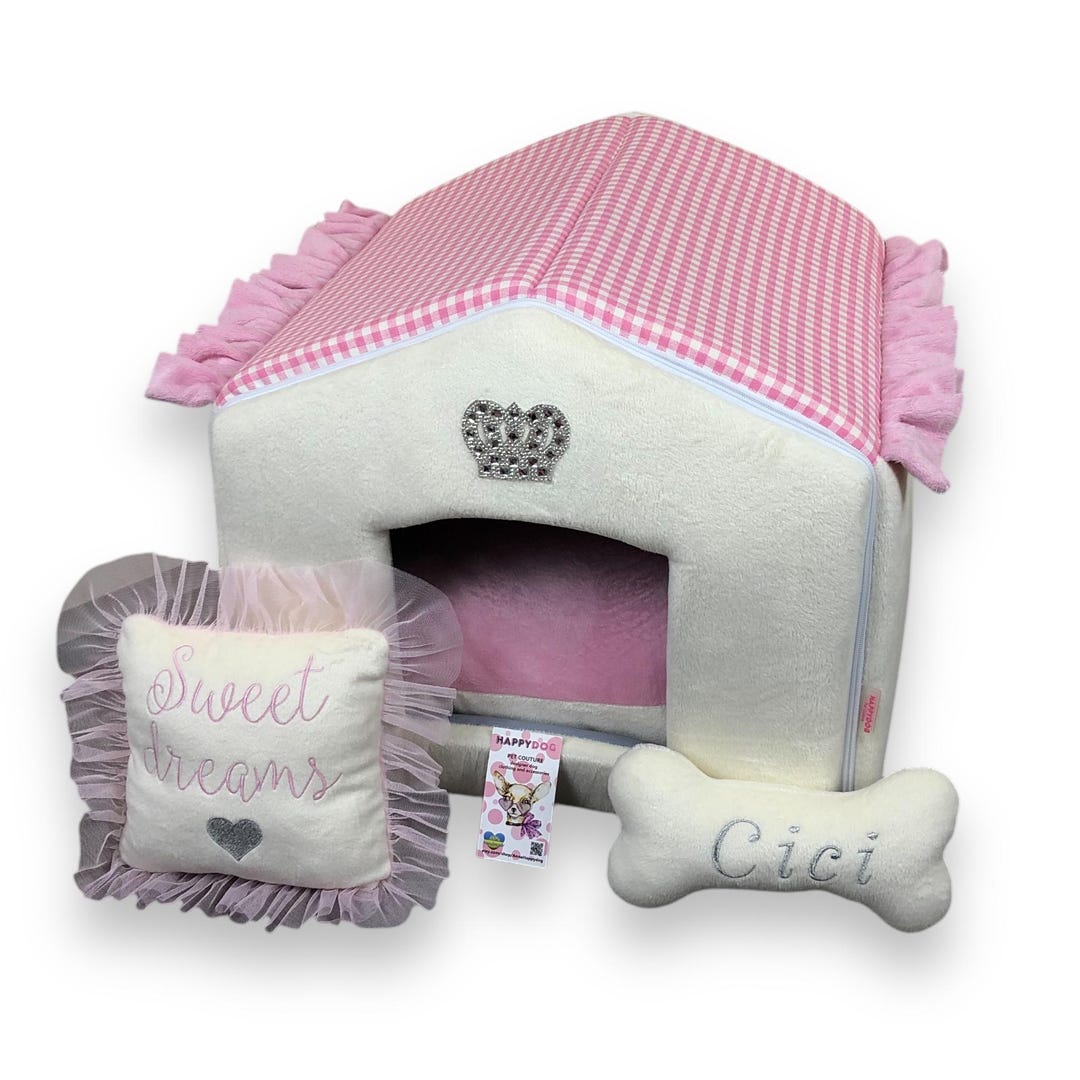 Luxury Milk White Dog House With Pink Plaid Roof & Sparkling Crown ...