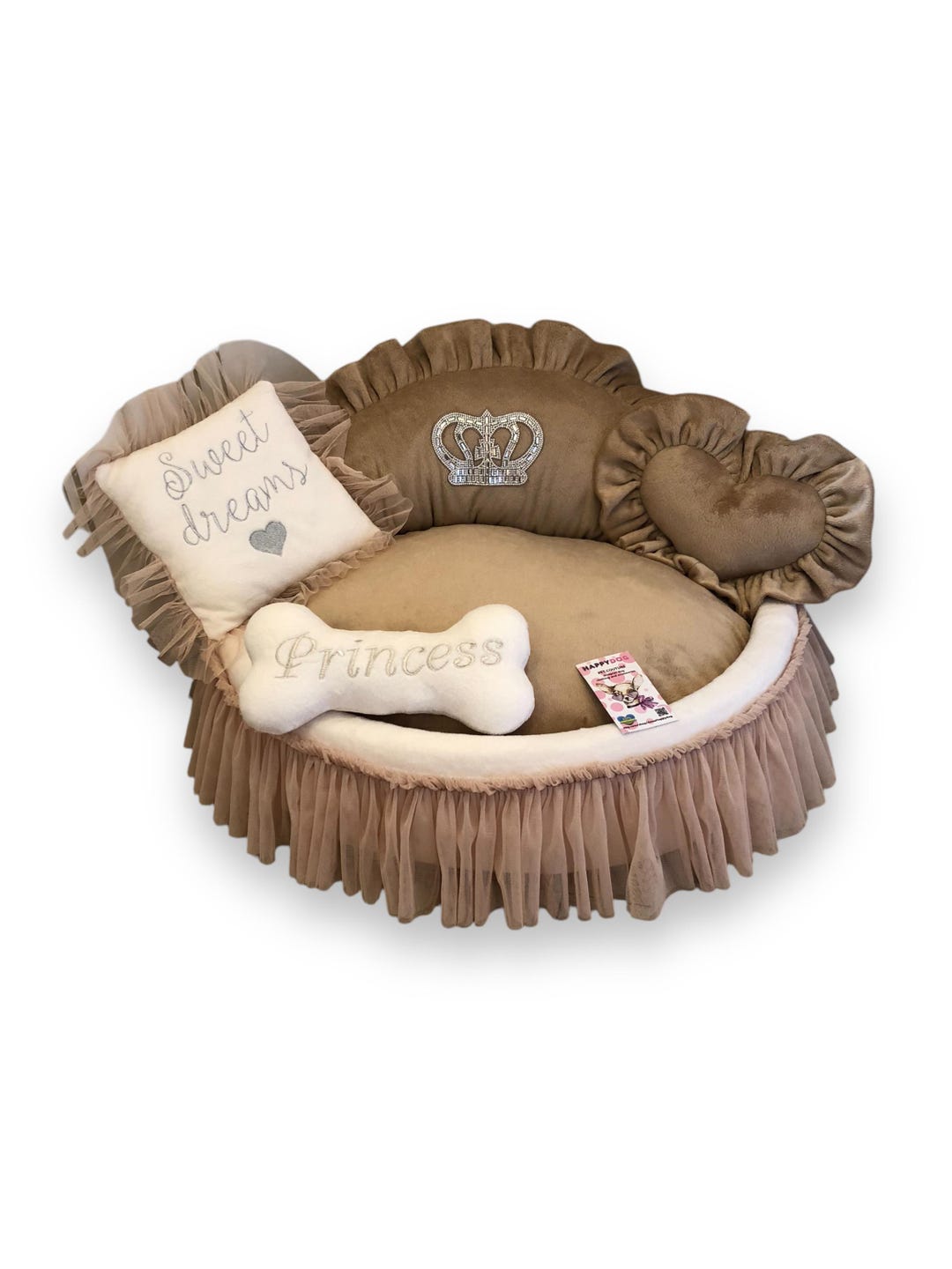 Beige and Cream Princess Dog Bed With Crown Sparkles Tan Bed for Dog ...