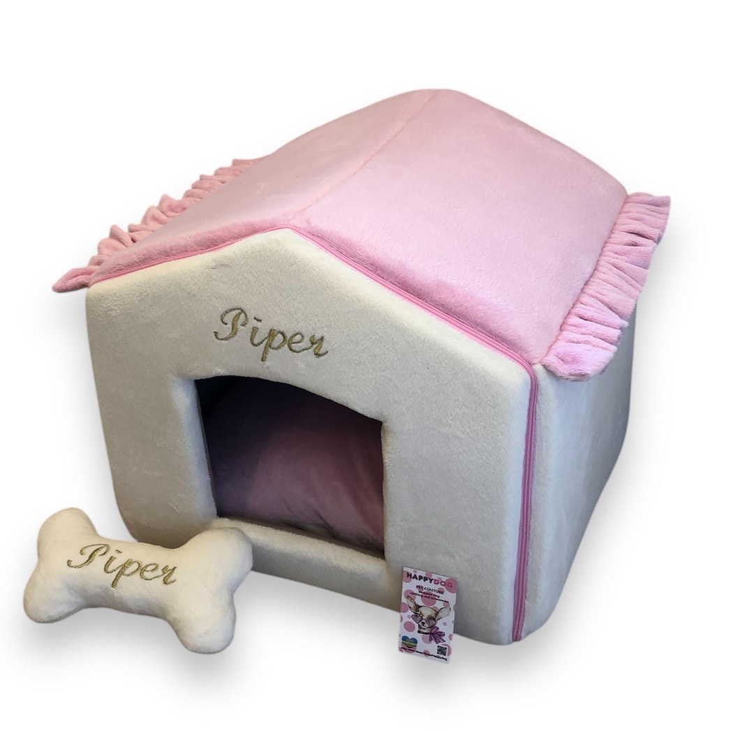 Cream and Baby Pink Dog House With Gold Personalization Designer Pet ...