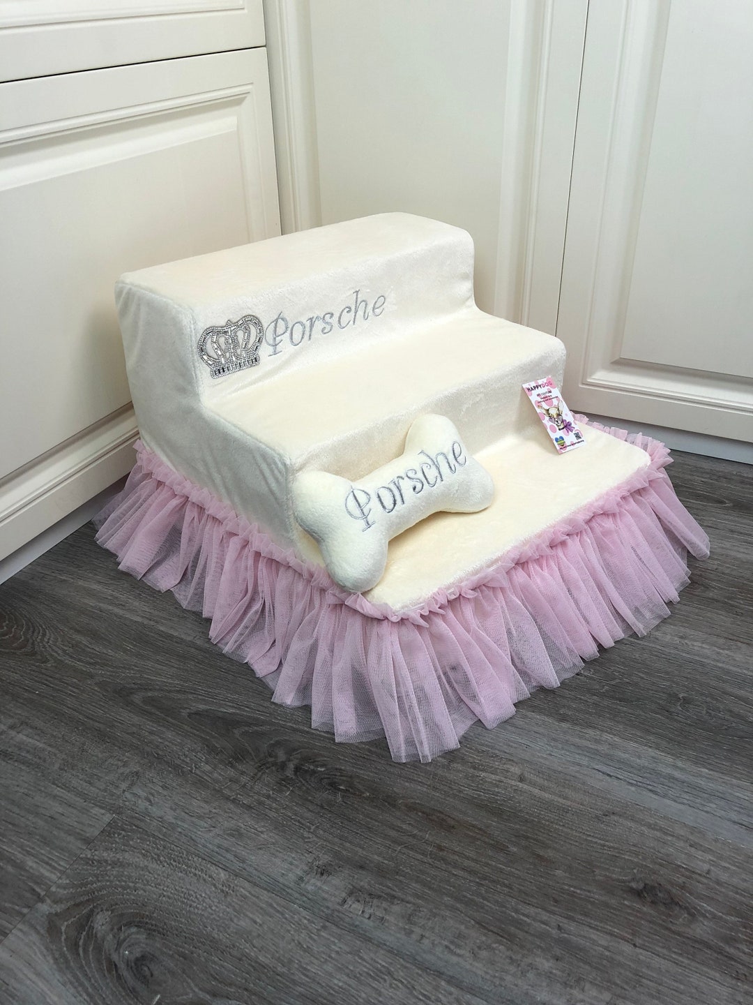 Personalized Pet Stairs: Cream Minky Fur Dog/cat Ramp With Pink Tulle ...