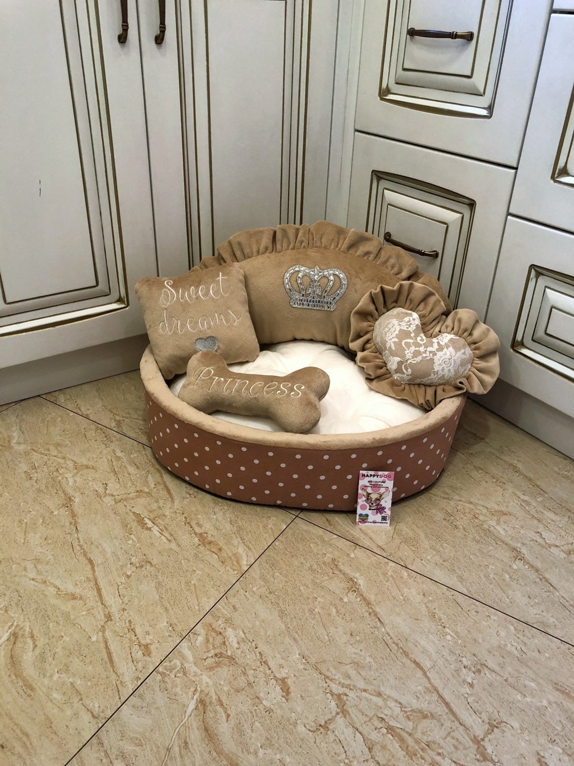 Beige Polka Dot and Cream Designer Dog Bed Personalized Dog - Etsy