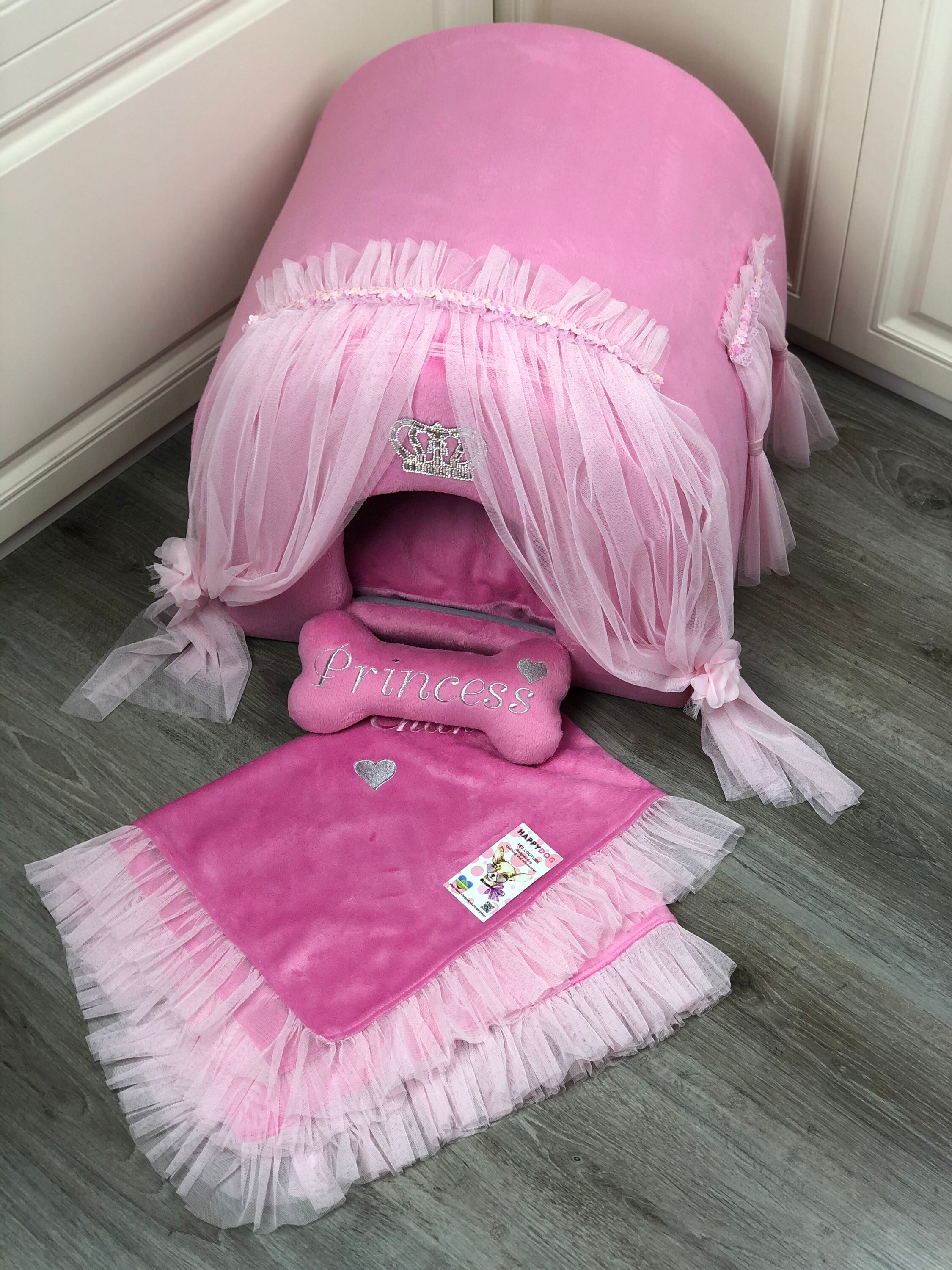 Customized pink designer dog house with curtains Designer dog | Etsy