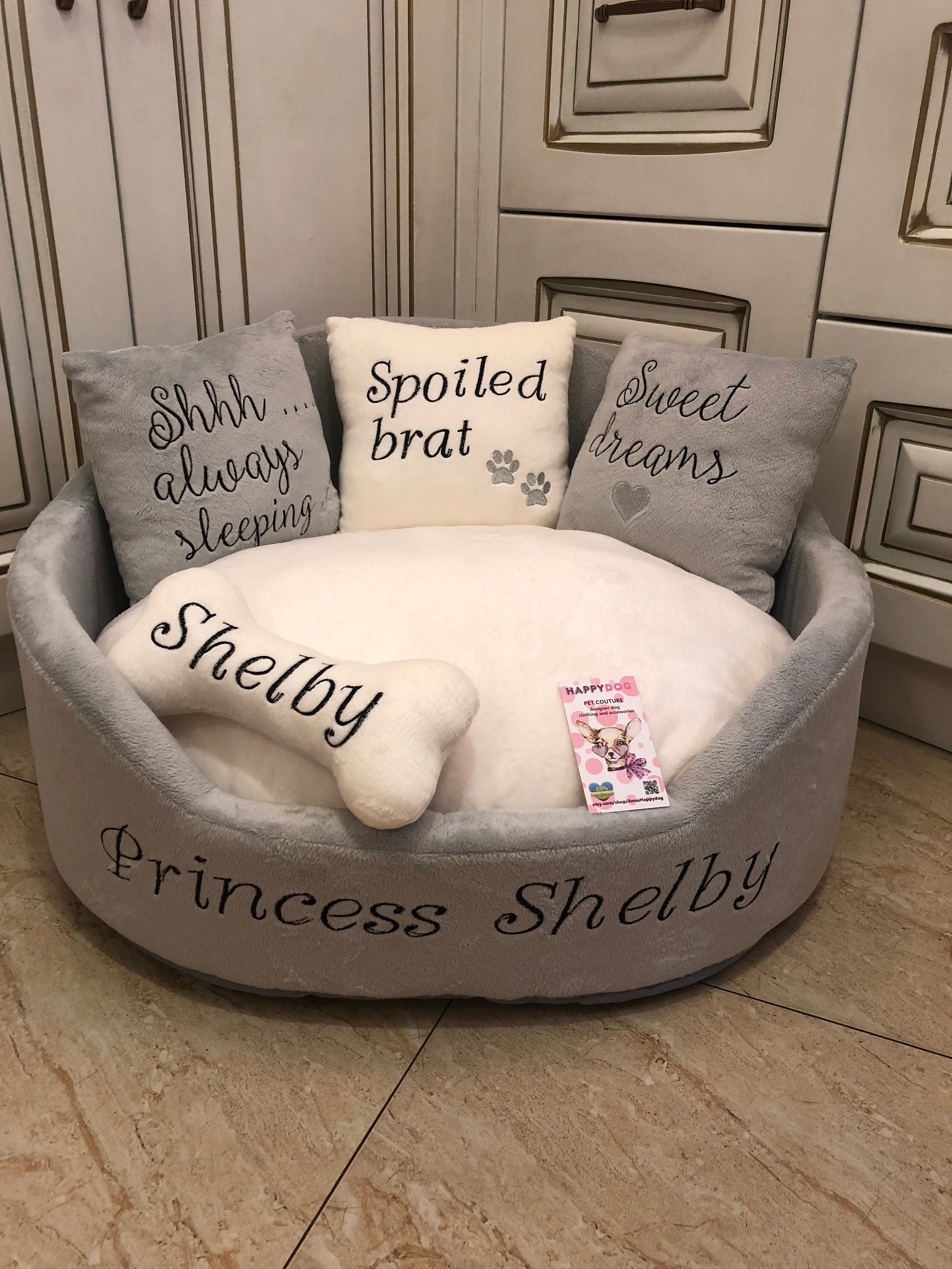 Cream and light gray personalized dog bed Designer luxury pet | Etsy