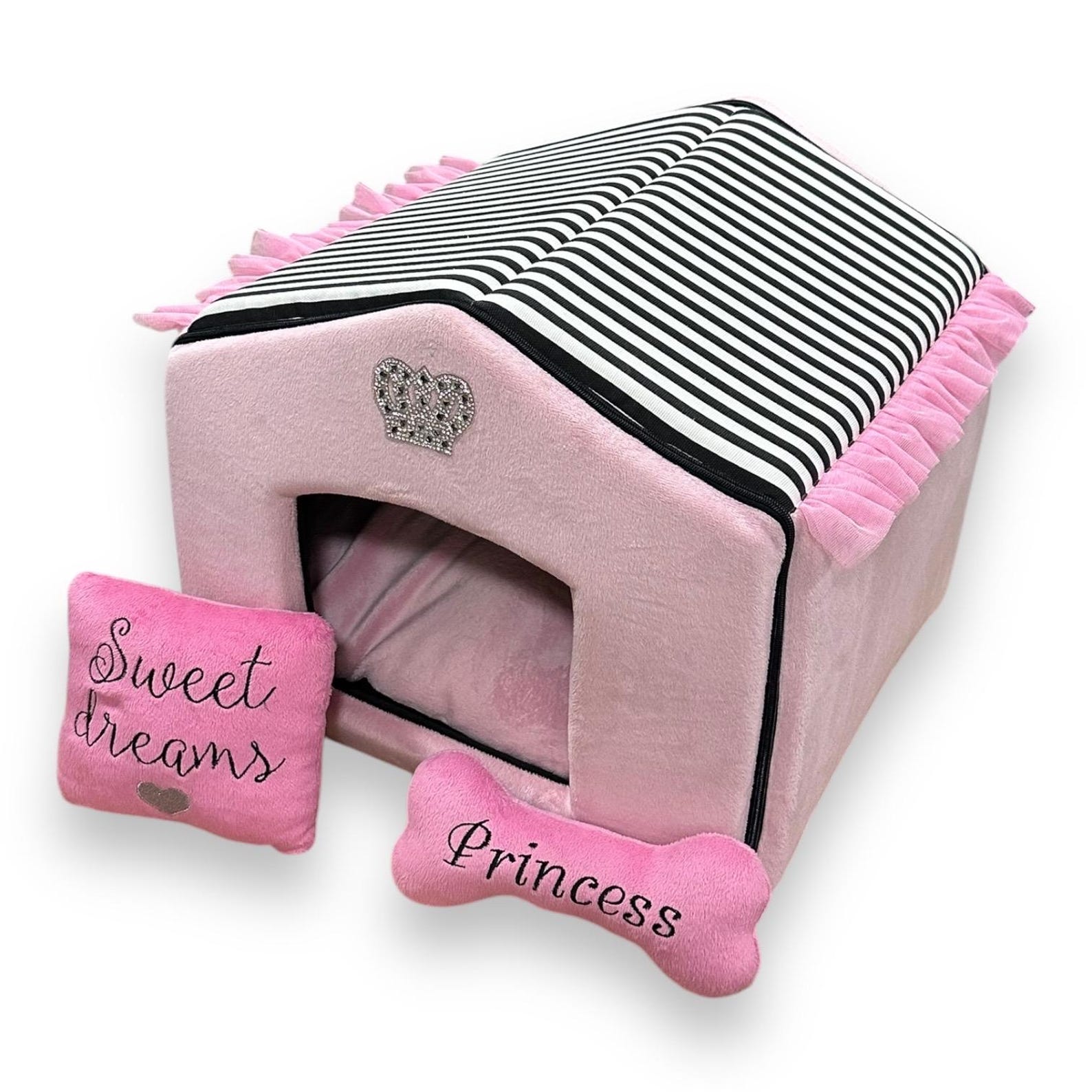 Luxury Pink Princess Dog House: Foldable Puppy Tent With Striped Roof ...