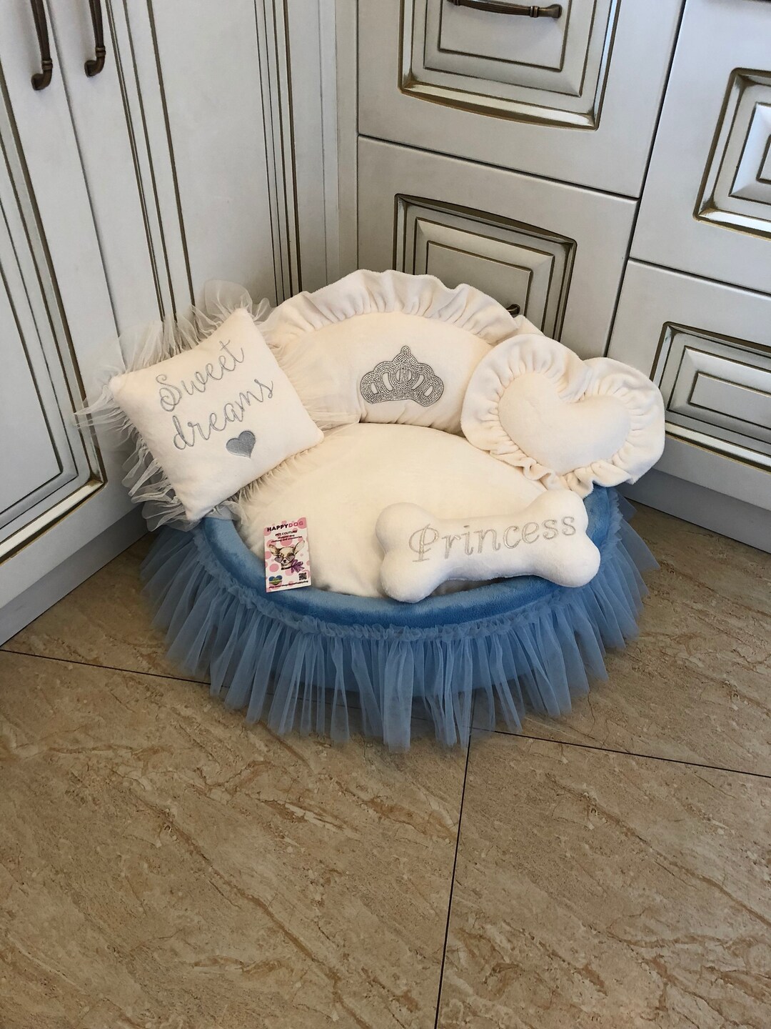 Cream and Blue Princess Bed With Crown Sparkles Designer Pet Bed Cat ...
