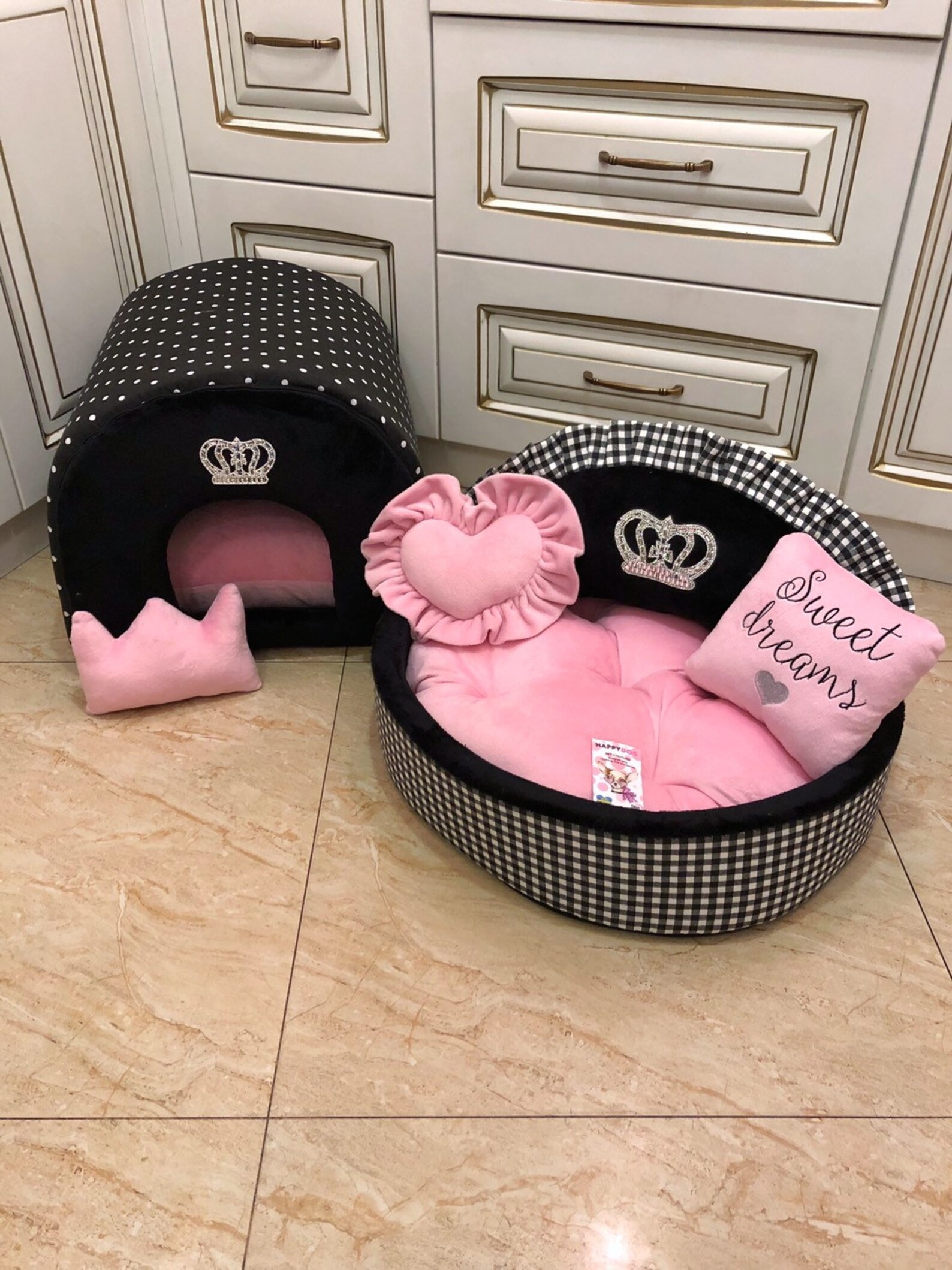 Baby Pink and Black and White Tartan Princess Dog Bed | Etsy