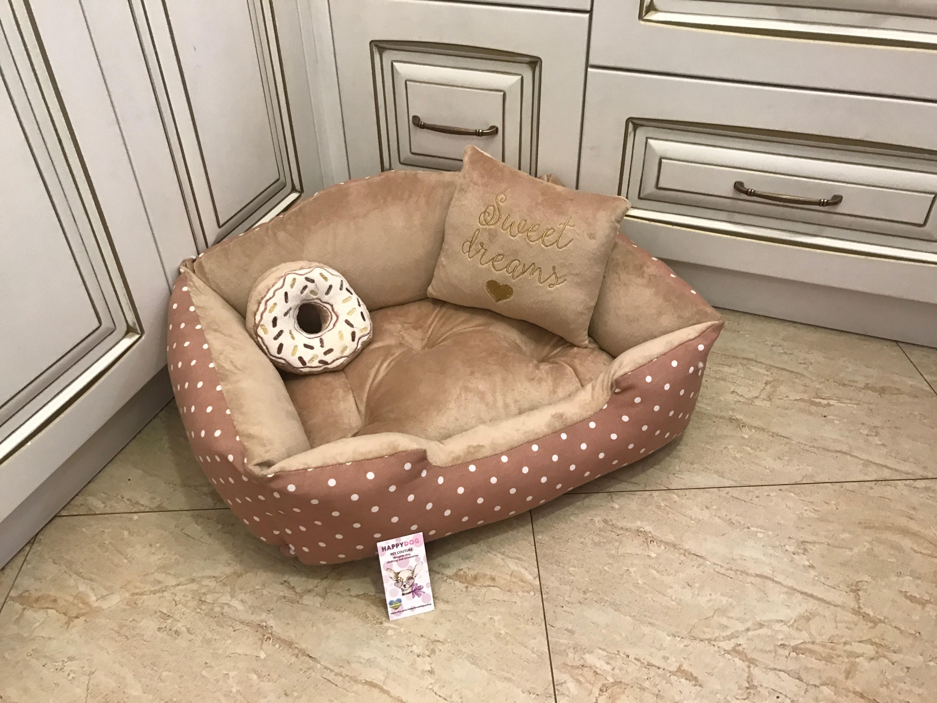 Beige Polka Dot Designer Dog Bed Personalized Dog Bed in Beige | Etsy