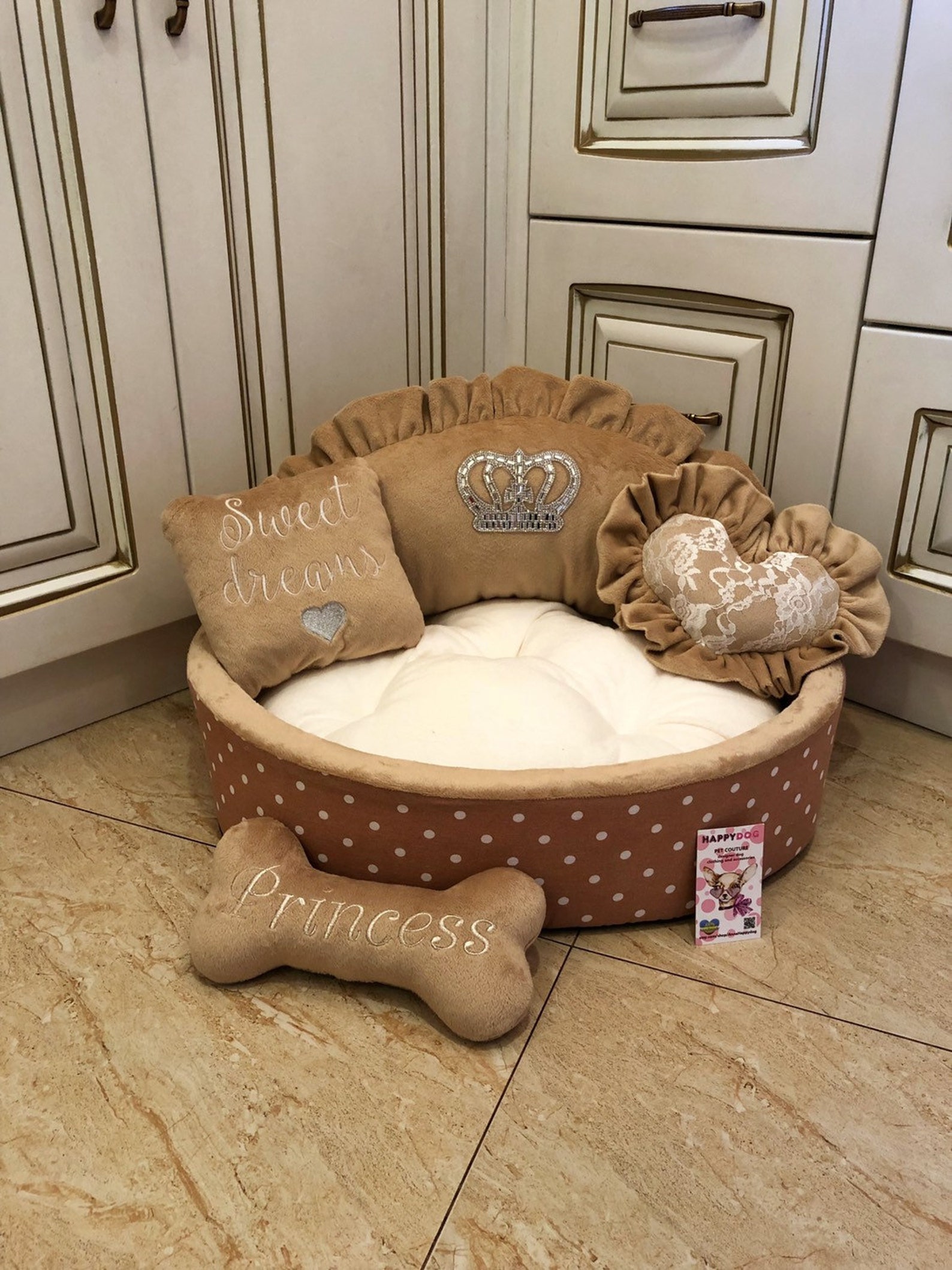 Beige Polka Dot and Cream Designer Dog Bed Personalized Dog - Etsy