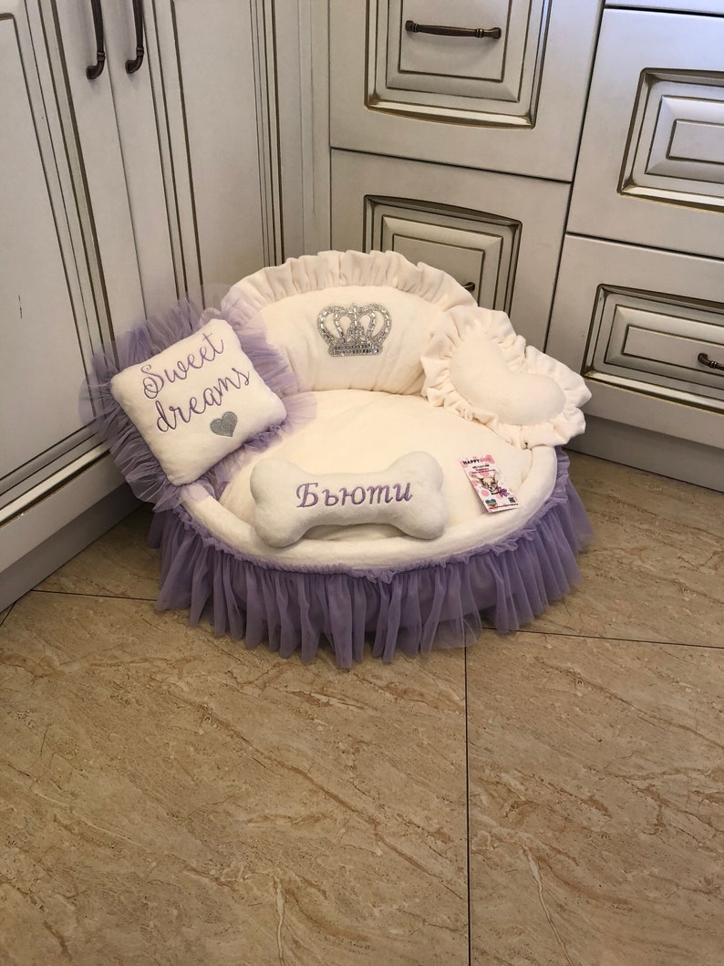 Cream and Lilac Princess Bed With Crown Sparkles Puppy Bed for | Etsy