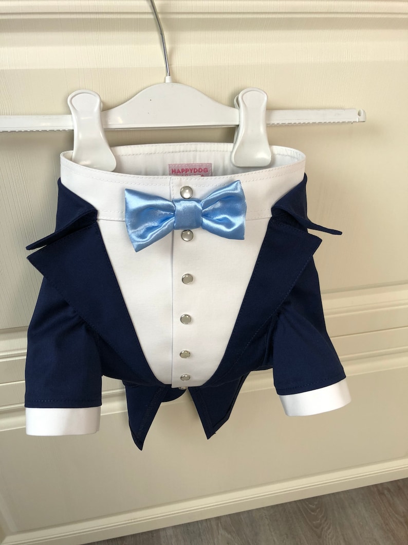 Navy blue dog tuxedo with light blue bow tie Bespoke dog | Etsy