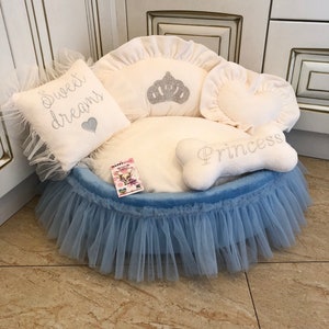 Cream and Blue Princess Bed With Crown Sparkles Designer Pet Bed Cat ...