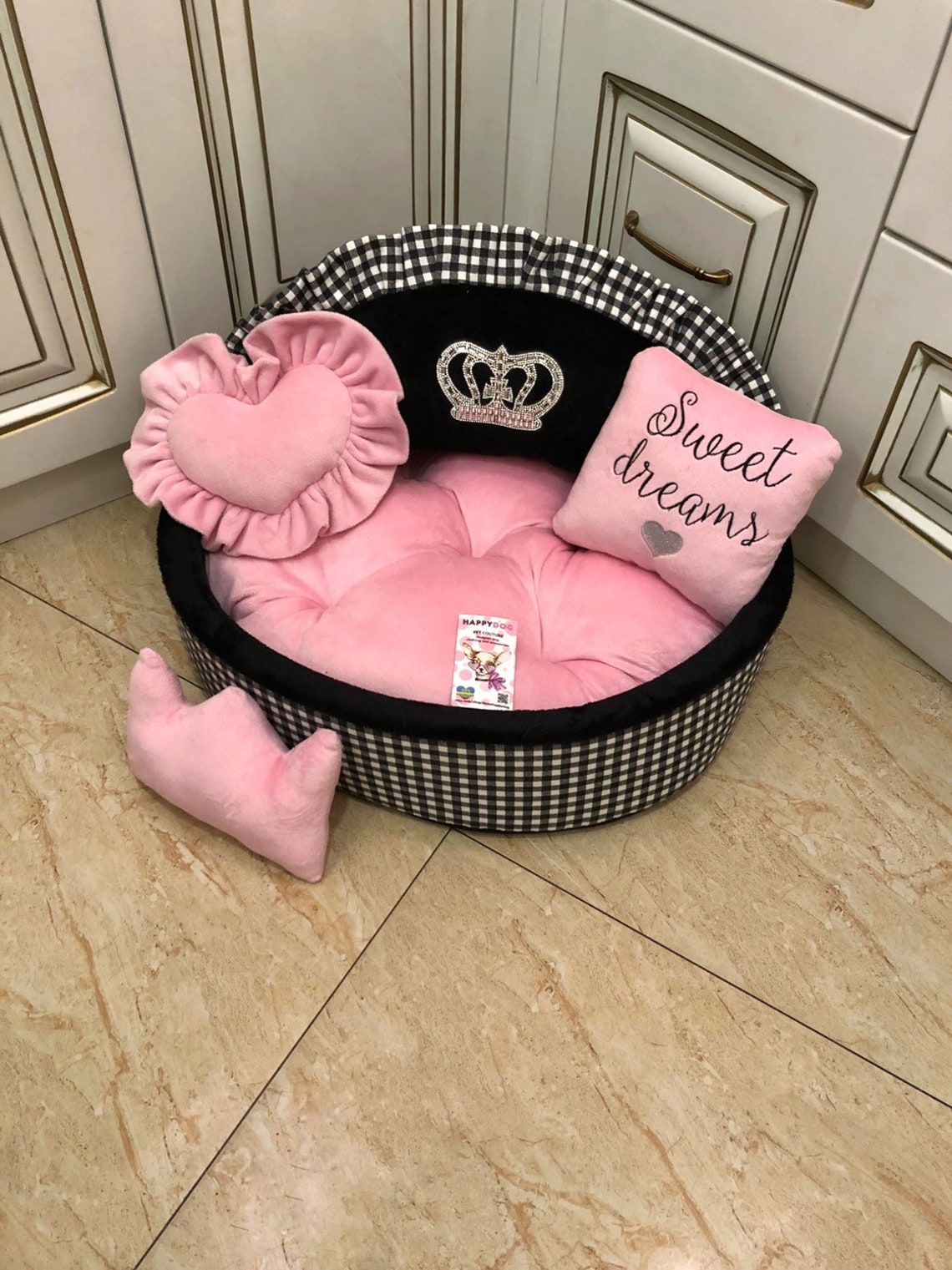 Baby Pink and Black and White Tartan Princess Dog Bed - Etsy