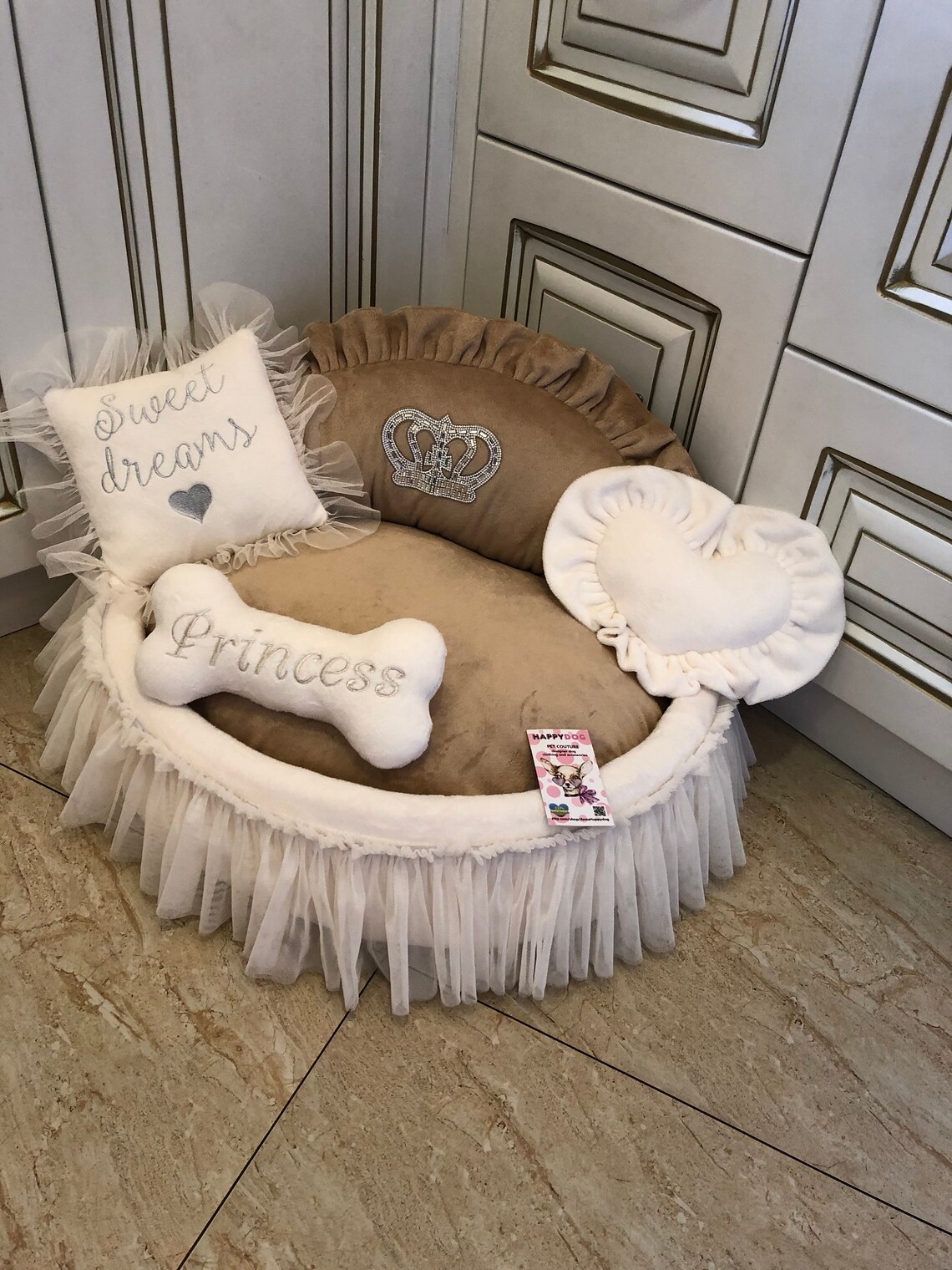 Cream and Beige Puppy Bed With Crown Sparkles Tan Bed for Dog - Etsy