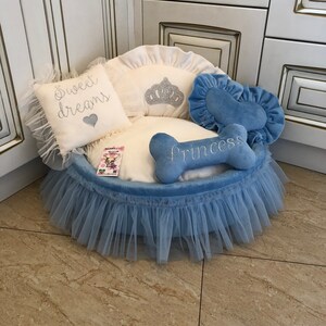 Cream and Blue Princess Bed With Crown Sparkles Designer Pet Bed Cat ...