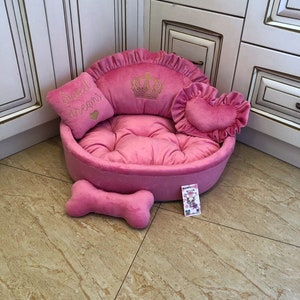 Pink Princess Dog Bed With Golden Embroidery Designer Pet Bed Cat Bed ...