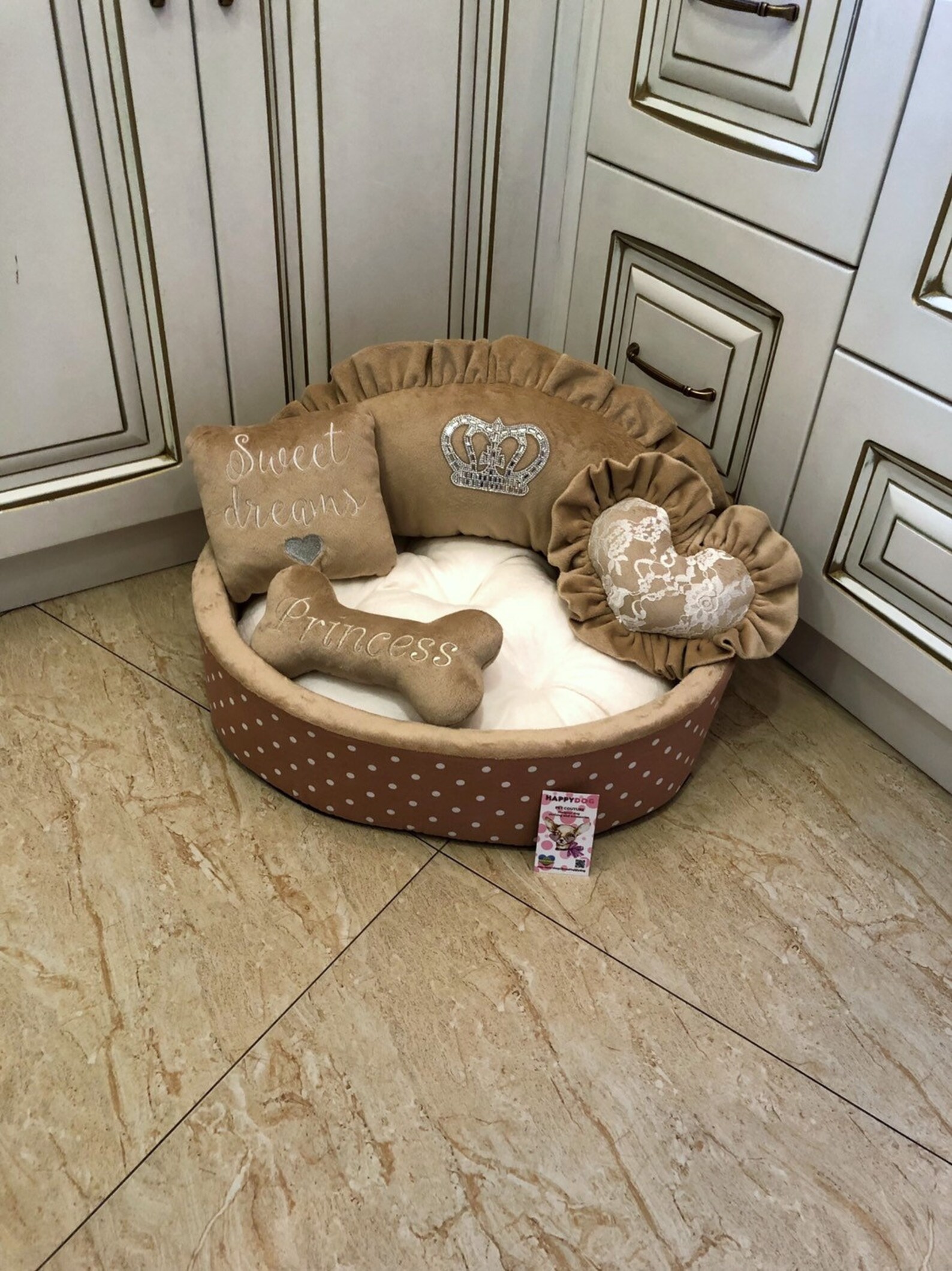 Beige Polka Dot and Cream Designer Dog Bed Personalized Dog - Etsy