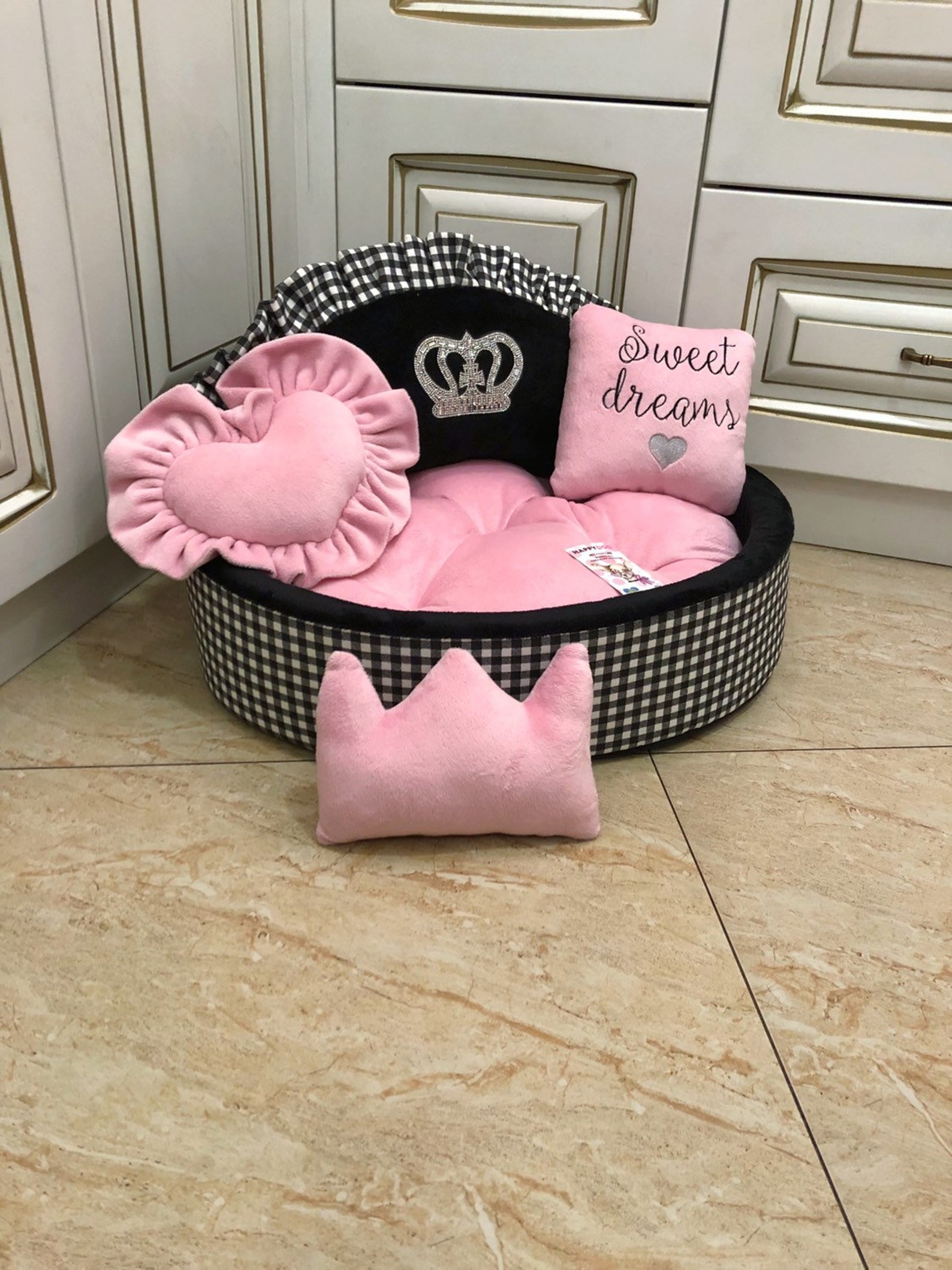 Baby Pink and Black and White Tartan Princess Dog Bed | Etsy