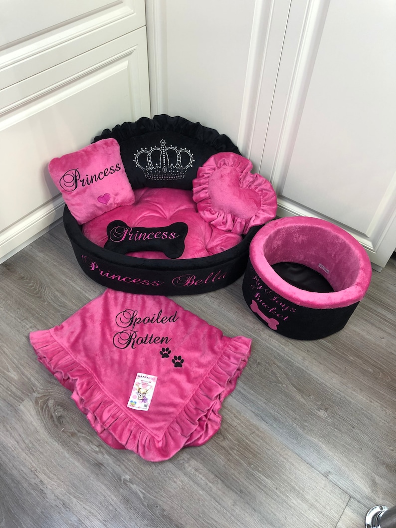 Black & Hot Pink Princess Dog Bed: Personalized Rhinestone Crown Pet ...