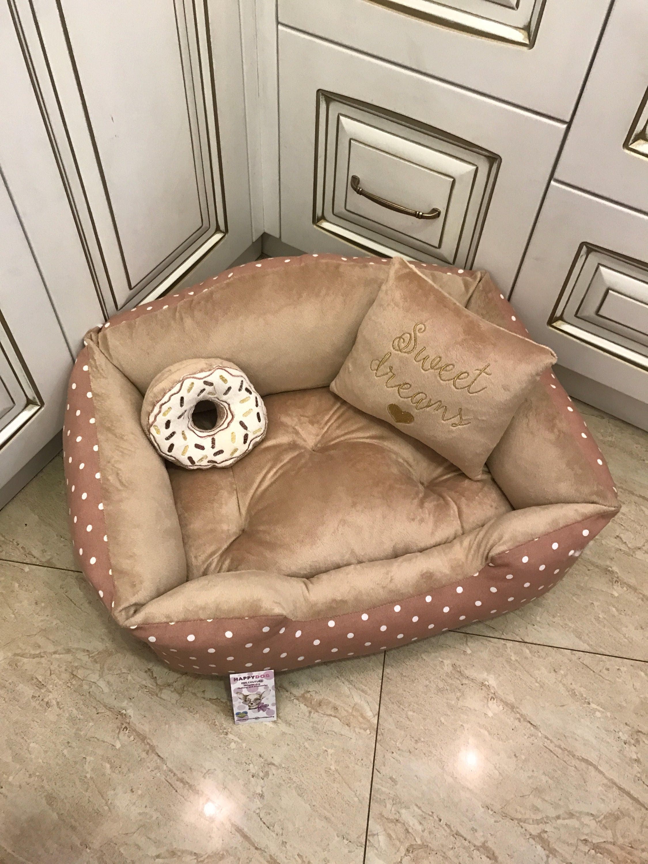 Beige Polka Dot Designer Dog Bed Personalized Dog Bed in Beige | Etsy