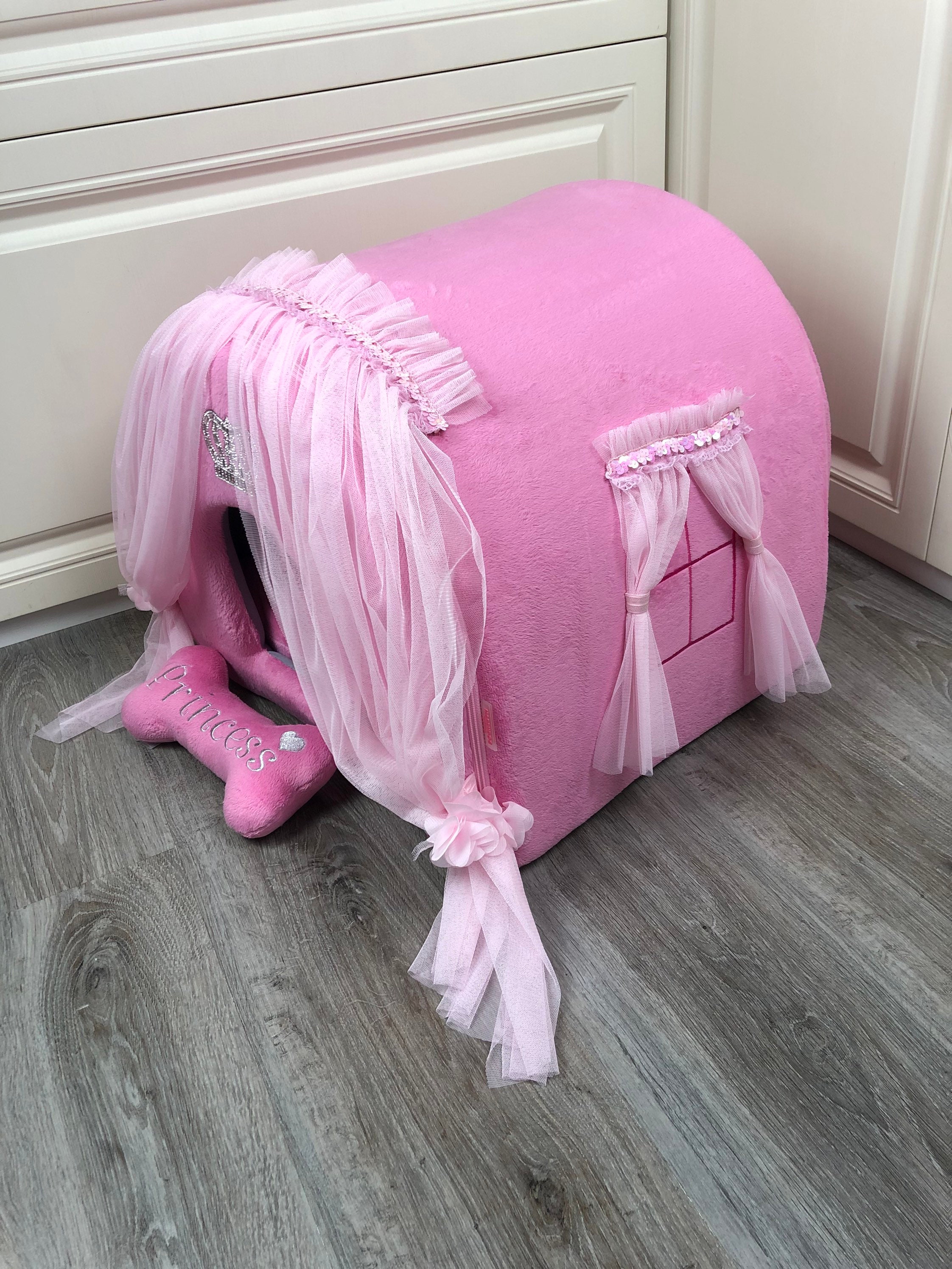Customized pink designer dog house with curtains Designer dog | Etsy