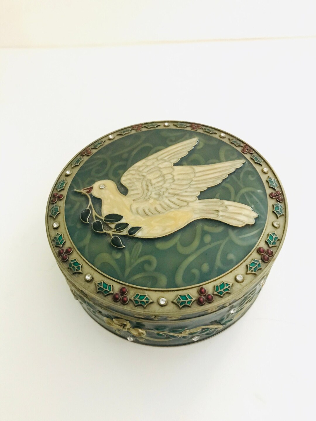 Brass and Green Enameled Jewelry Box With Mirror Dove of - Etsy