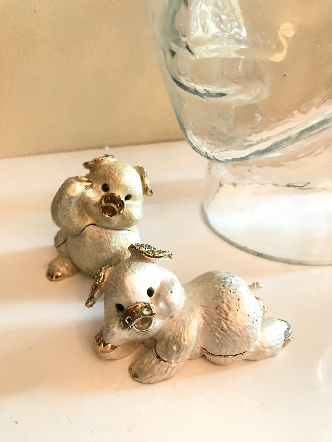 Vintage Bejeweled Enamel and Crystals Playful Piglets, Pigs Trinket Box ...