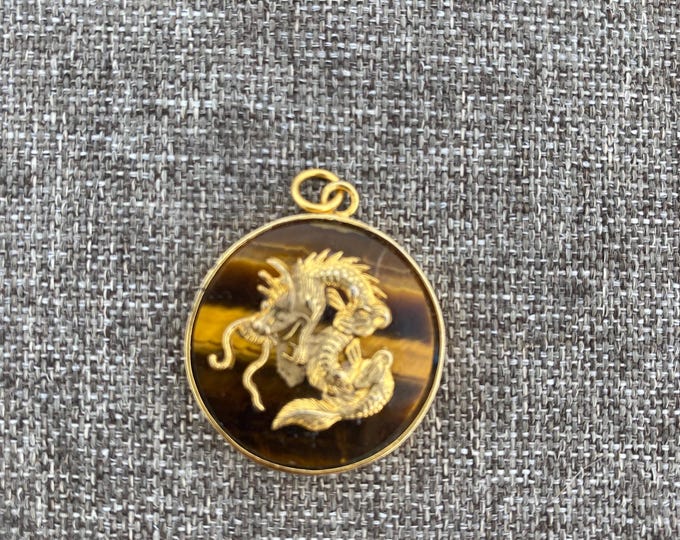 Vintage Long Live Symbol and Dragon Chinese Tiger Eye Gold Tone Pendant ...