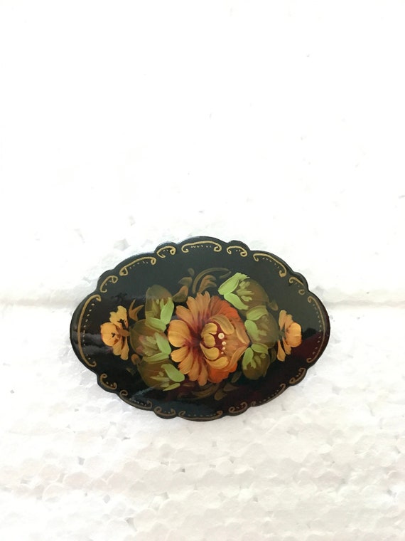 Vintage Russia Hand Painted Signed Black Lacquer Flor… - Gem