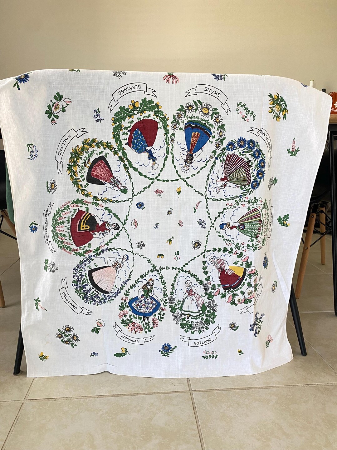 Vintage Swedish Linen Tablecloth Featuring Women in Traditional Folk ...