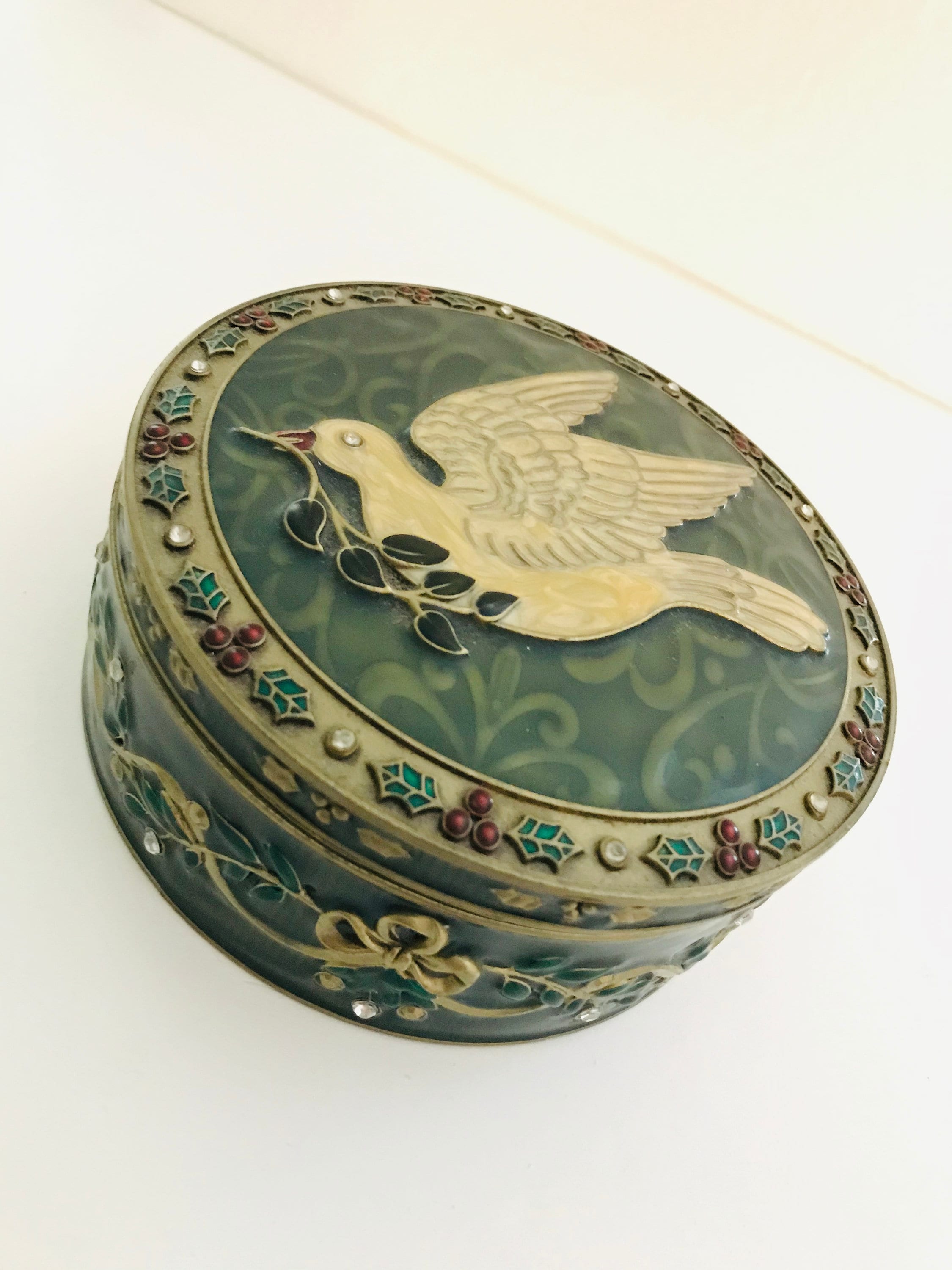 Brass and Green Enameled Jewelry Box With Mirror Dove of - Etsy